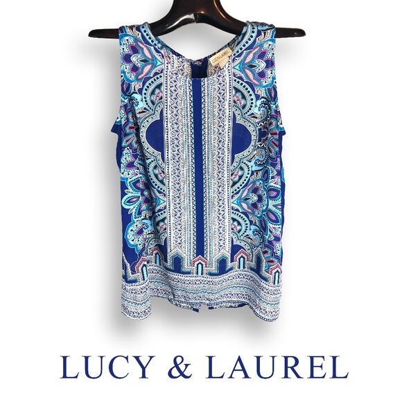 Lucy & Laurel | Tops | Lucy Laurel Long Tank Top Ornate Blue Purple White Paisley Button Full ...